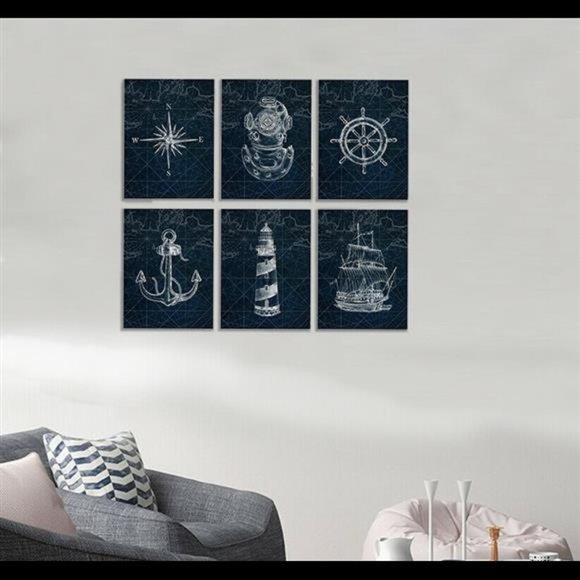 Art | Nautical Marine Blue Vintage Style Posters Wall Art Decor Set Of ...